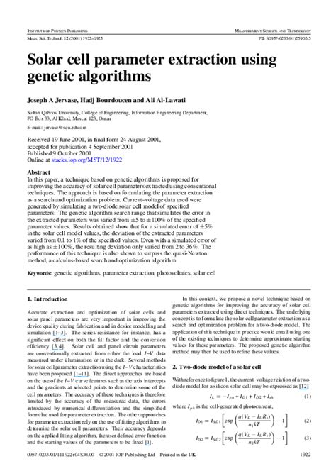 Pdf Solar Cell Parameter Extraction Using Genetic Algorithms Hadj