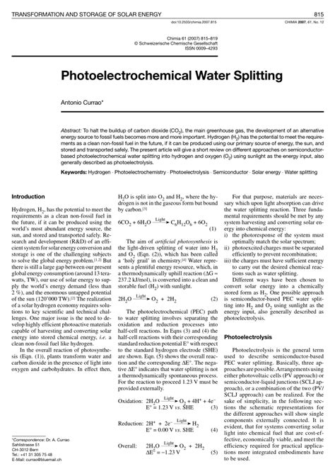 Pdf Photoelectrochemical Water Splitting
