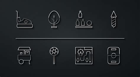 세트 라인 범퍼카 패스트 스트리트 푸드 카트 불꽃 놀이 로켓 놀이 공원지도 롤리팝 나무 하키 테이블 및 병 공 아이콘 벡터 가루로 빻은에 대한 스톡 벡터 아트 및 기타