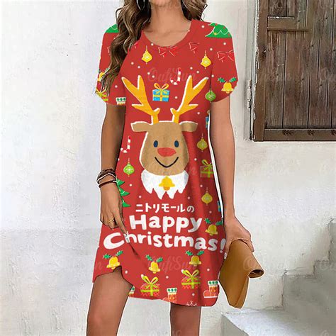 Badu Bg Карикатура Elk Dress Дамска сладка коледна вечерна рокля със снежинка Зимни мини рокли с