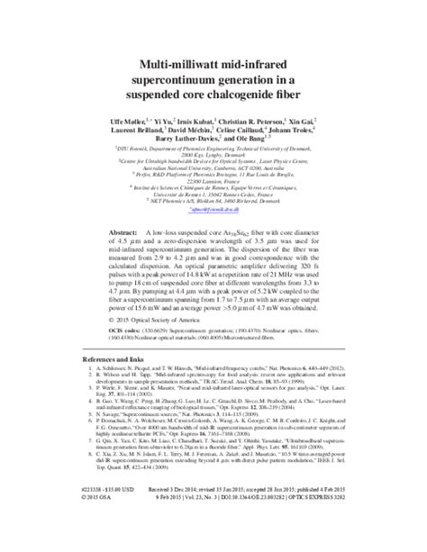 Pdf Multi Milliwatt Mid Infrared Supercontinuum Generation In A Suspended Core Chalcogenide Fiber