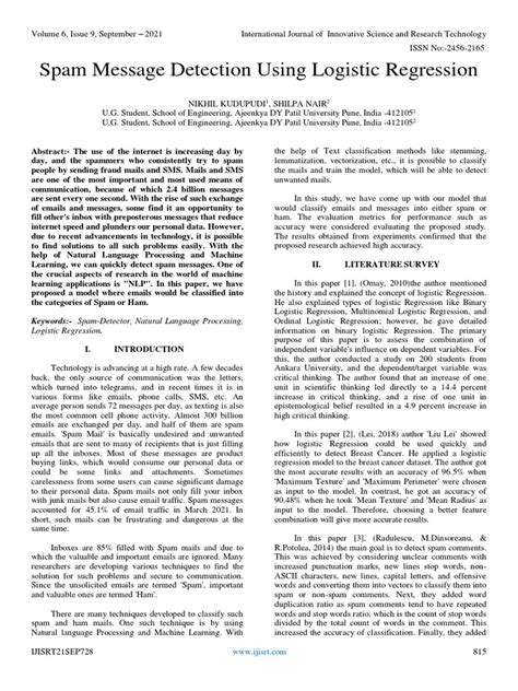 Spam Message Detection Using Logistic Regression Pdf Statistical