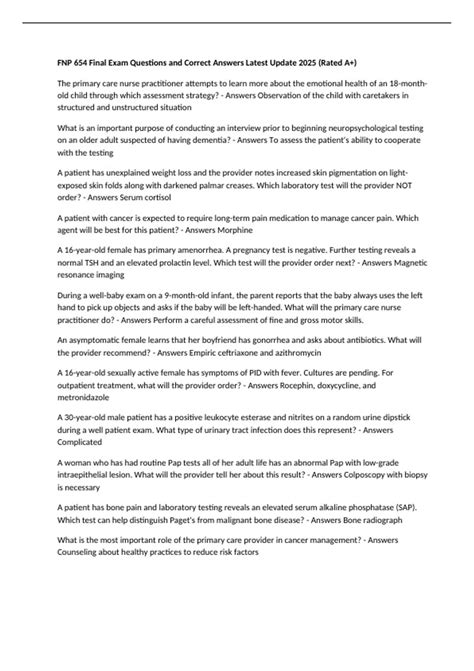 Fnp 654 Final Exam Questions And Correct Answers Latest Update 2025 Rated A Fnp 654 Stuvia Us