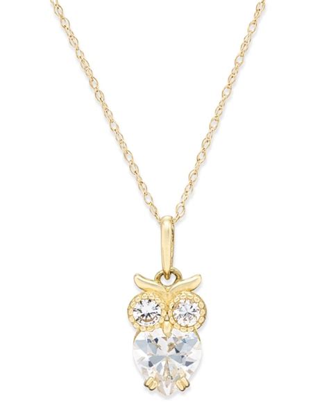 Cubic Zirconia Owl Pendant Necklace In 10k Gold