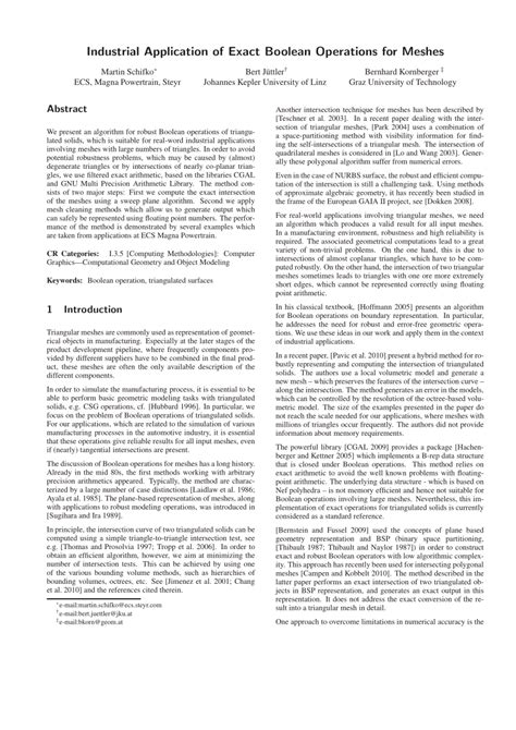 Pdf Industrial Application Of Exact Boolean Operations For Meshes