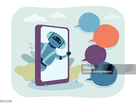 귀여운 만화 로봇이 전화 화면 벡터 그림에서 손을 흔든다 챗봇에 대한 스톡 벡터 아트 및 기타 이미지 챗봇 0명 개념 Istock