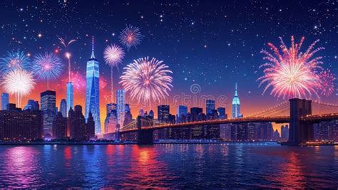 4th Of July Fireworks Over New York City Skyline Stock Image Image Of