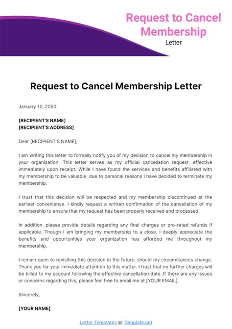Free Request To Cancel Membership Letter Template To Edit Online