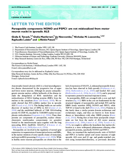 Pdf Paraspeckle Components Nono And Pspc1 Are Not Mislocalized From Motor Neuron Nuclei In