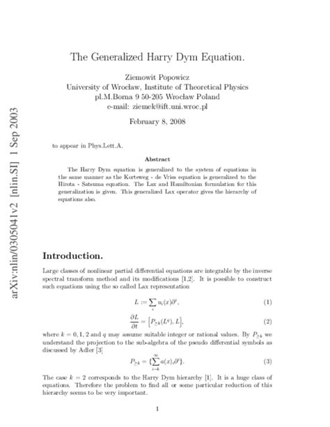 Pdf The Generalized Harry Dym Equation