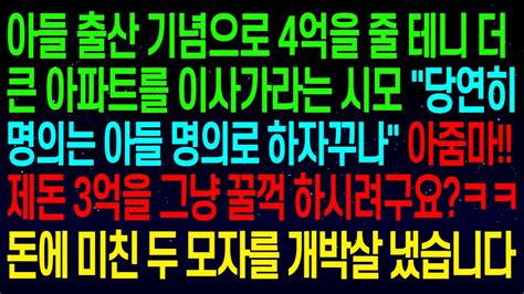 사연열차아들 출산기념으로 4억을 줄테니 더 큰 아파트를 이사 가라는 시모 당연히 명의는 아들 명의로 하자꾸나영악한 두