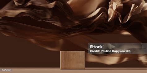 3d 디스플레이 연단 나무 받침대와 날아다니는 실크 천 커튼이 있는 갈색 배경 자연 바람 미용 화장품 발표 스탠드 럭셔리 여성 모형 3d 렌더링 광고 3차원 형태에 대한