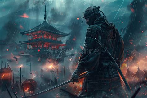 Japanese Ninja Warrior Dressed In Samurai Clothes Holding A Sharp Sword