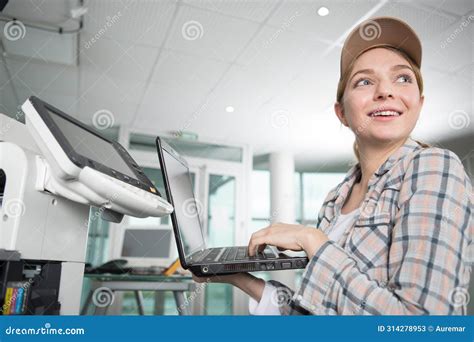Happy Woman Technician Trying To Get Printer Issue Stock Image Image