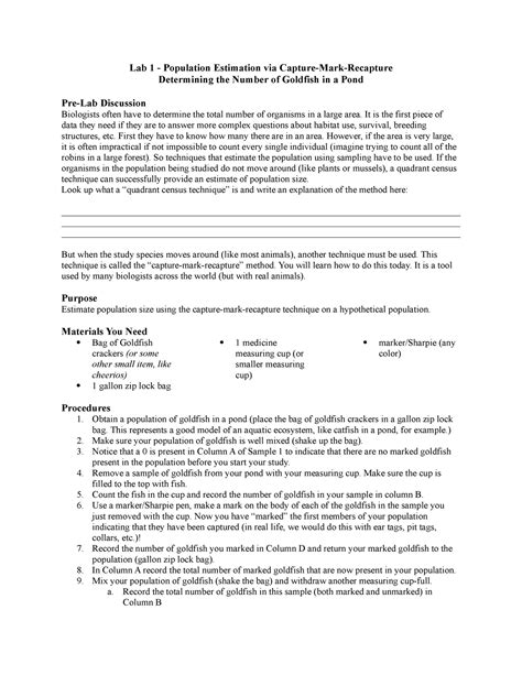 En 100 Lab 1 Capture Mark Recapture Lab 1 Population Estimation Via Capture Mark Recapture