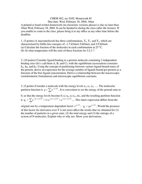 Homework 1 For Physical Chemistry Ii Chem 482 Docsity