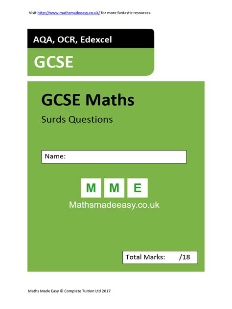 Gcse Maths Revision Surds Hard Questions Pdf