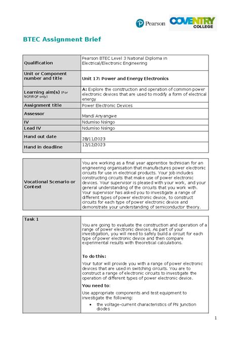 Unit 17 Power Electronic Devices Assignment Evaluation And