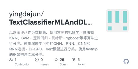 GitHub yingdajun TextClassifierMLAndDLByBertOrFastnlpDemo 以京东评论作为数据集使用常见的机器学习算法如KNNSVM逻辑回归