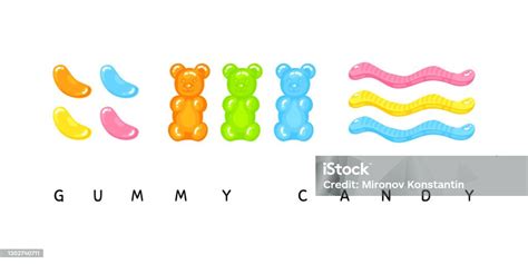 거미 곰 젤리 콩과 젤리 벌레 달콤한 사탕 세트 놀라운 맛 플랫 스타일 디자인 벡터 일러스트 사탕에 대한 스톡 벡터 아트 및