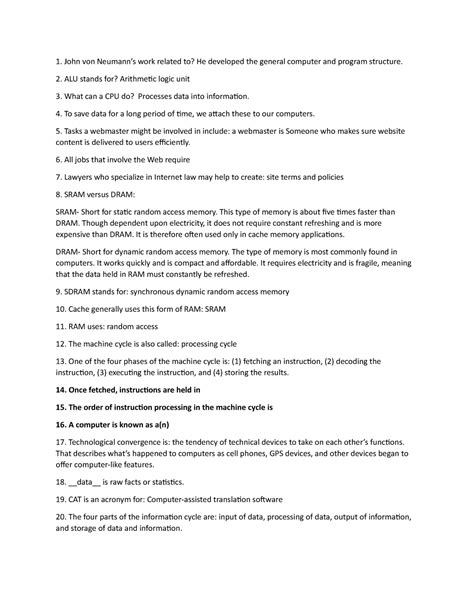 CIS Study Guide 1 Online Class 1 John Von Neumanns Work Related To He Developed The