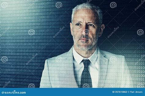 Business Man Thinking And Hologram For Code Programming And Binary