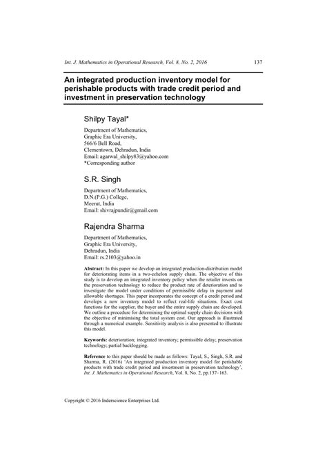 Pdf An Integrated Production Inventory Model For Perishable Products With Trade Credit Period