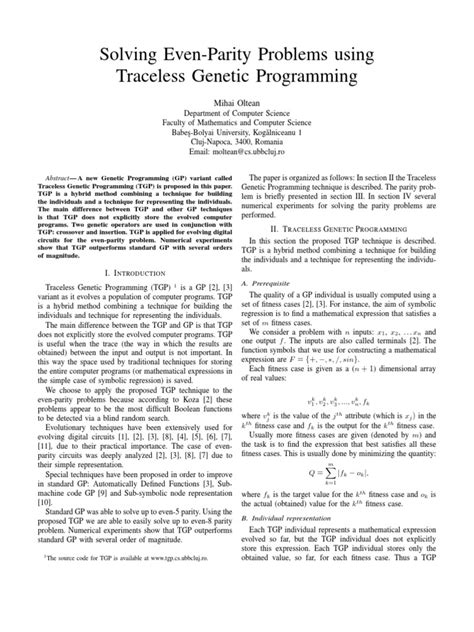 Solving Even Parity Problems Using Traceless Genetic Programming Pdf Evolution Teaching