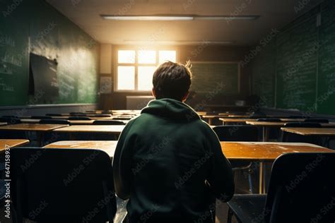Rear Perspective Of A Lone Student In An Empty Classroom Stock