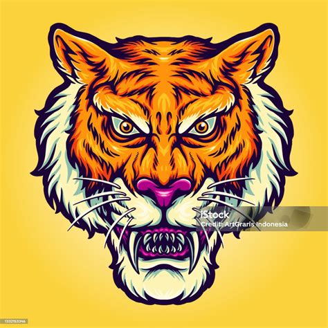 당신의 작업 로고 마스코트 상품 티셔츠 스티커 및 라벨 디자인 포스터 인사말 카드 광고 비즈니스 회사 또는 브랜드에 대한 화가 호랑이 머리 벡터 그림 고양잇과에 대한 스톡