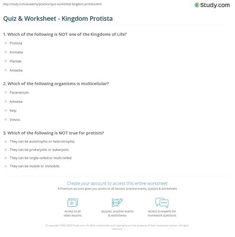 Quiz And Worksheet Kingdom Protista