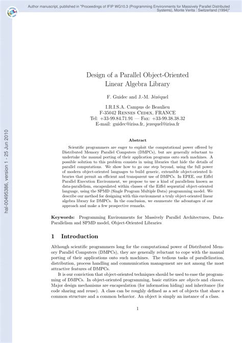 Pdf Design Of A Parallel Object Oriented Linear Algebra Library