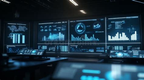 A High-tech Control Room Featuring Holographic Screens that Display Worldwide Data and Analytics ...