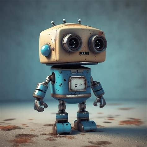 Un robot con la cara azul está parado en un piso sucio Foto Premium
