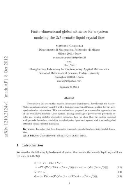 Pdf Finite Dimensional Global Attractor For A System Modeling The 2d