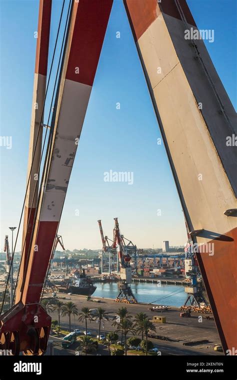 Shipping Container Loading Cranes On Dock Framed Through Four Link Cargo Loading Crane Ashdod