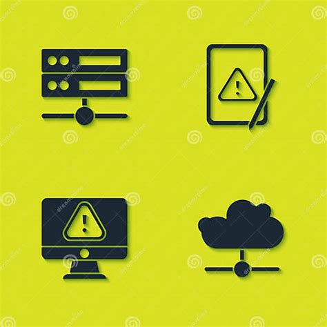 Set Server Data Web Hosting Network Cloud Connection Monitor With Exclamation Mark And