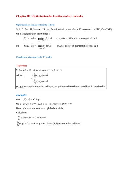 Optimisation Fonctions à Deux Variables Cours