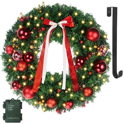 24 Christmas Wreath With Timer Led Lights And Ball Ornaments