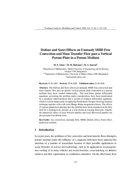 Pdf Dufour And Soret Effects On Unsteady Mhd Free Convection And Mass Transfer Fluid Flow
