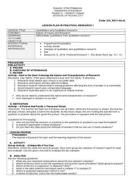 Lesson Plan In Practical Research 1 Docx Quantitative Research Qualitative Research