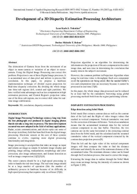 Pdf Development Of A 3d Disparity Estimation Processing Architecture