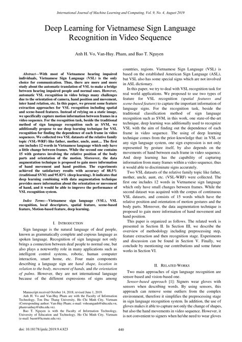 Pdf Deep Learning For Vietnamese Sign Language Recognition In Video Sequence