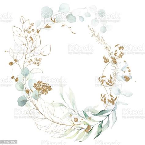 수채화 꽃 그림 유칼립투스 잎과 가지 화환 금 기하학적 모양의 프레임 금 금속에 대한 스톡 벡터 아트 및 기타 이미지 금 금속 수채화 잎 Istock