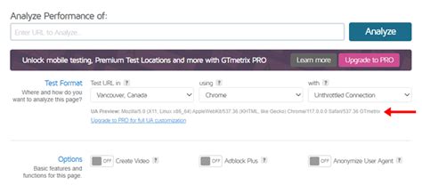 Anonymizing Your User Agent Gtmetrix