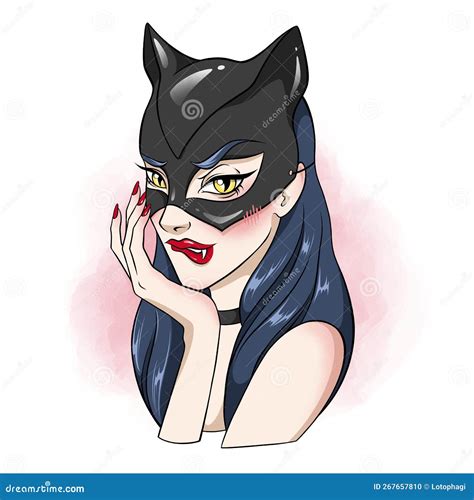 Beautiful Kinky Kitten Girl Wearing Fetish Mask In Vitage Pin Up Style Hand Drawn Illustration