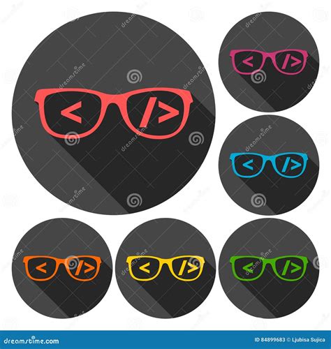 Coder Sign Icon Glasses Icon Programmer Symbol Set With Long Shadow