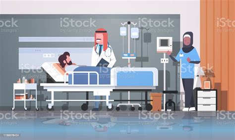 아랍 의사와 간호사에 히 잡 방문 환자 남자 누워 침대 드롭퍼 집중 치료와 드 의료 개념 병원 룸 인테리어 의료 클리닉 수평 전체 길이 사람들에 대한 스톡 벡터 아트 및