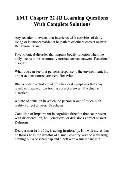 EMT Chapter JB Learning Questions With Complete Solutions EMT JB Learning Stuvia US