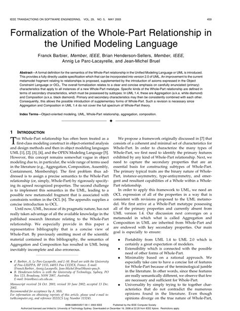 Pdf Formalization Of The Whole Part Relationship In The Unified Modeling Language